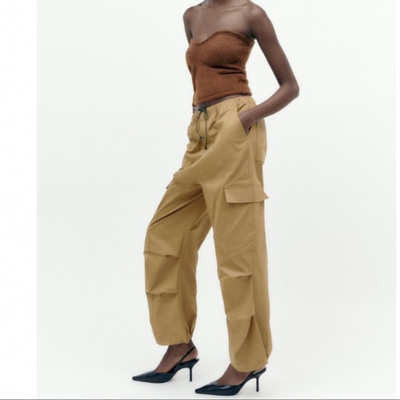 Zara | Pants & Jumpsuits | Nwt Zara Cargo Parachute Pants Taupe Brown ...